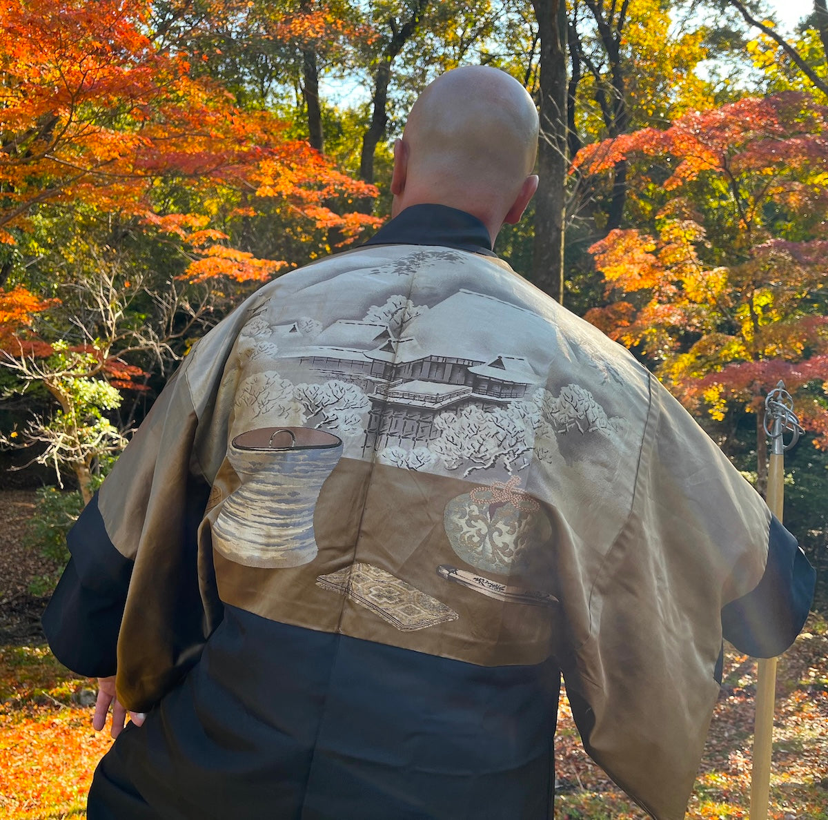 Men’s Haori Black Silk Mokkou Montsuki Kyomizu Dera Kyoto – BujindoShop